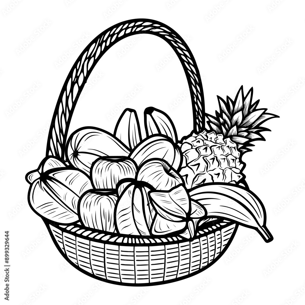 Fruit basket coloring page. fruits in a basket, hand drawn for coloring ...