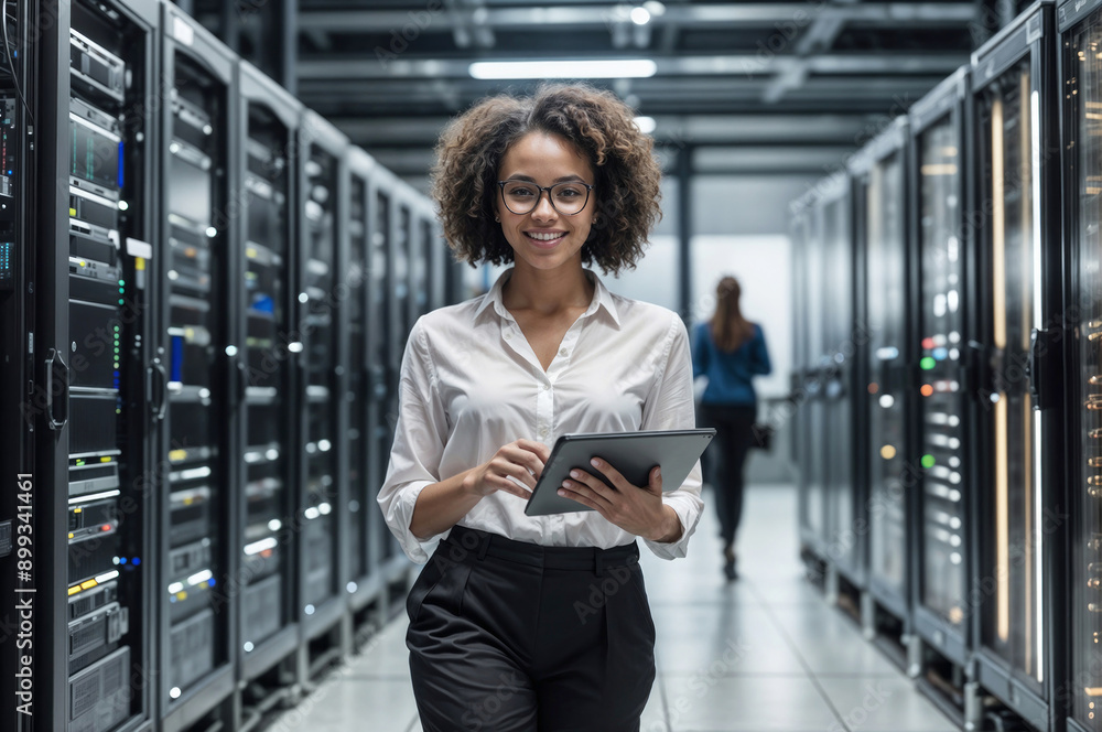Portrait of happy African American IT specialist woman between row of ...