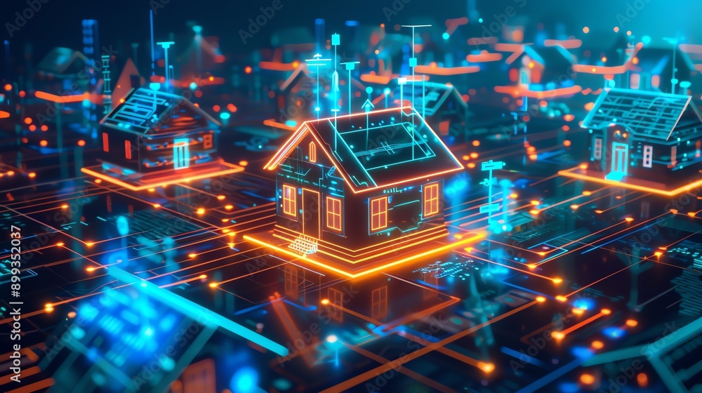 3D illustration of a smart city concept with illuminated houses ...