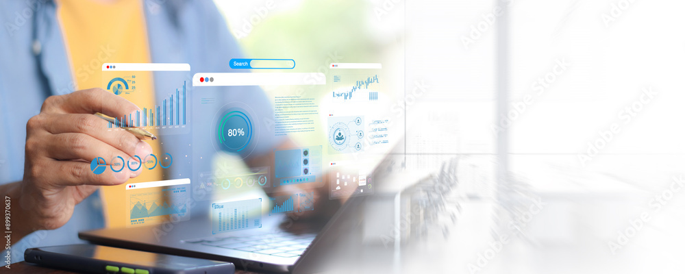 Data analyst working on business analytics dashboard with charts, with ...