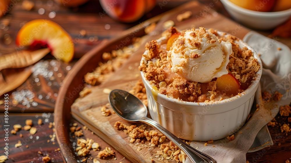 Peach crumble in a ramekin, baked crumble, golden brown topping ...