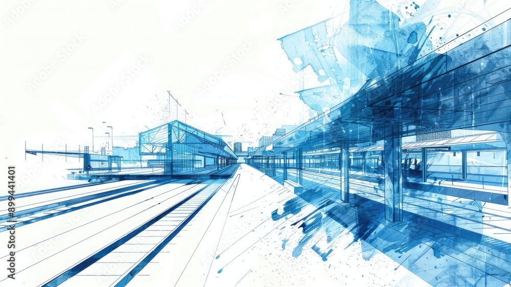 Blueprint-style railway station sketch on a white background with a ...