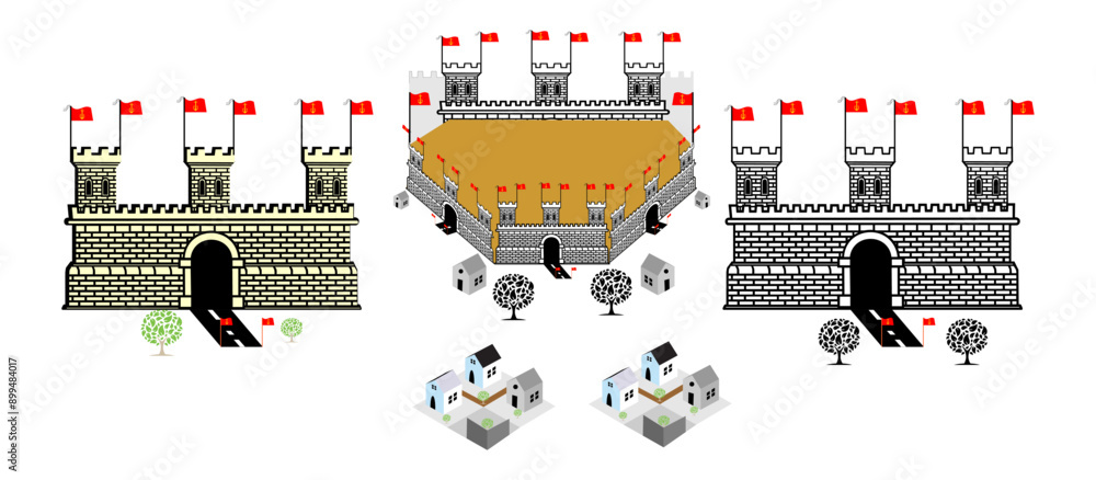 Vektor Medieval Castle With A Princess, With Three Towers, With Flags ...