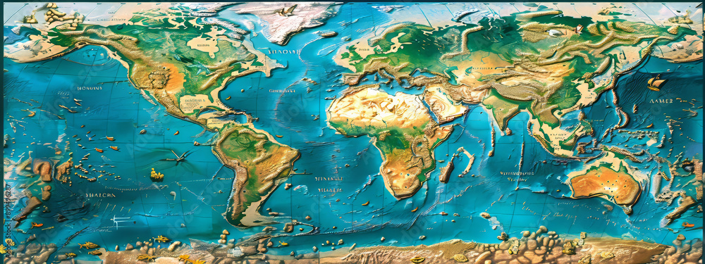 Стокова ілюстрація Detailed World Map Displaying Topography, Continents ...