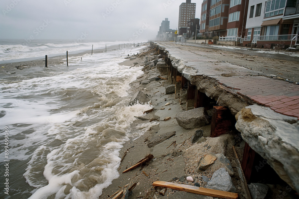 The aftermath of a sea storm with damaged piers, eroded beaches, and ...
