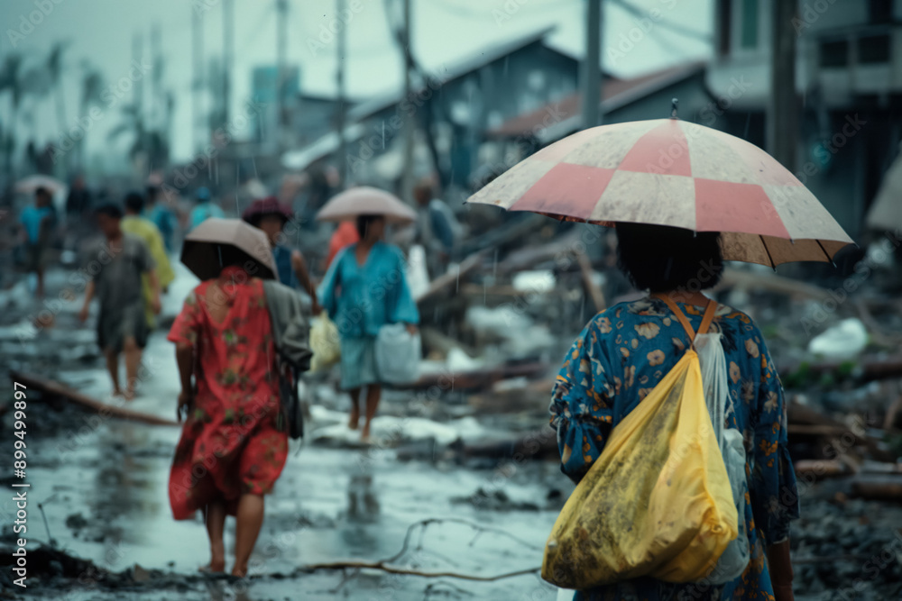 People evacuating coastal areas following a tsunami warning, moving to higher ground, carrying ...