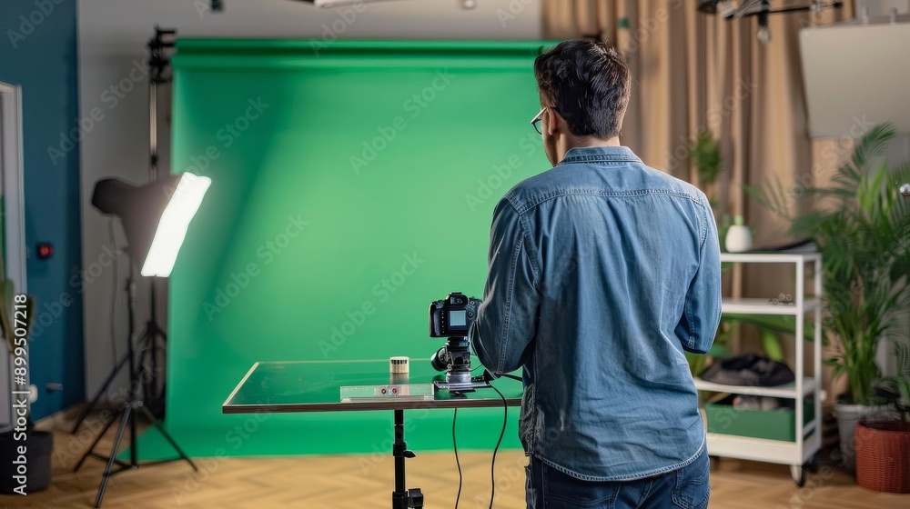 Photographer setting up a professional studio with green screen ...