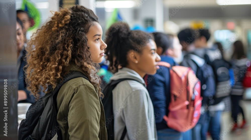 Groups of male and female high school students line up in an orderly ...