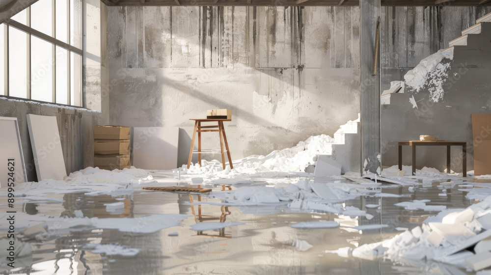 An abandoned, partially flooded basement cluttered with papers and ...