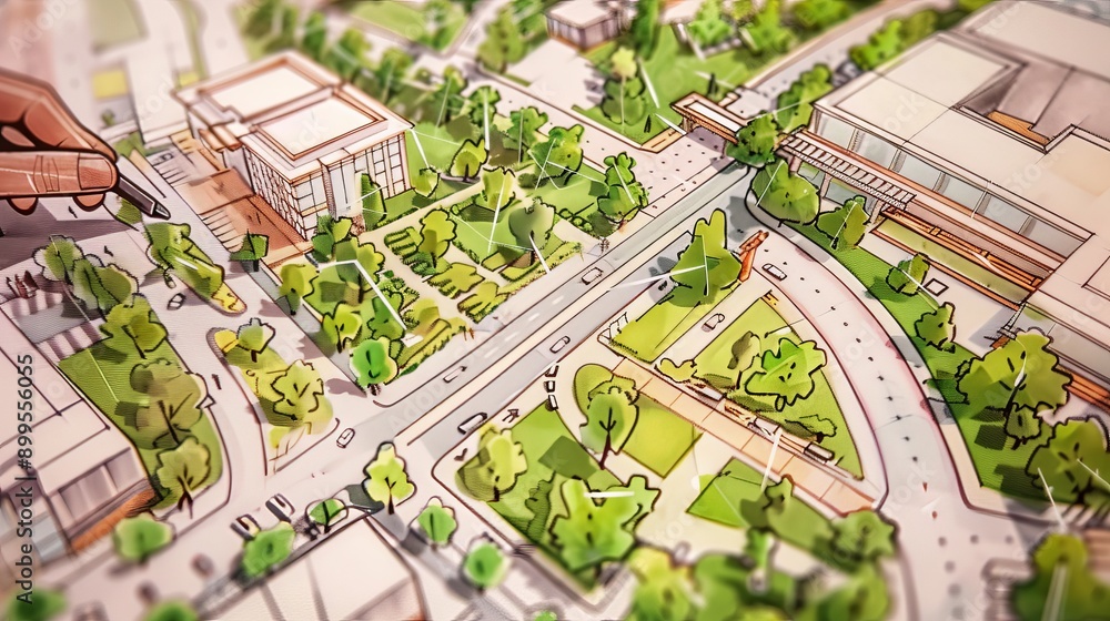 Show an architect creating a site plan for a new commercial complex ...