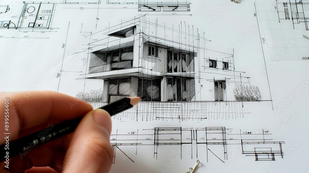 Show an architecture student sketching the blueprints for a modern ...
