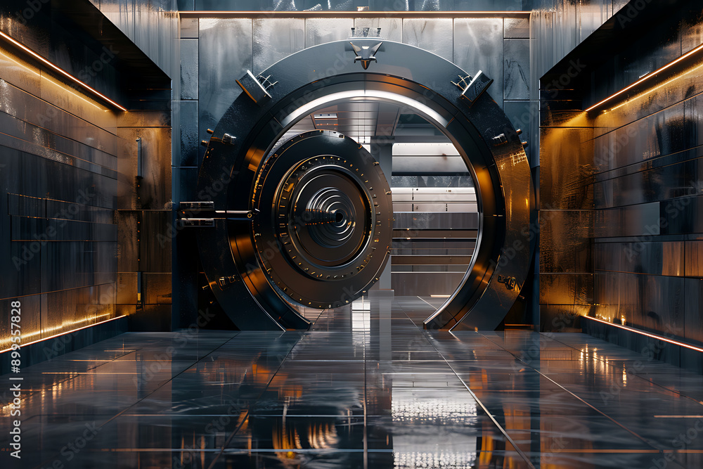 Massive bank vault doors wide open, symbolizing security, wealth, and ...