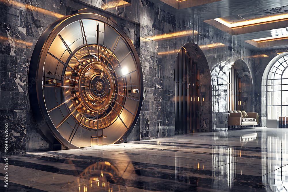 Massive bank vault doors wide open, symbolizing security, wealth, and ...