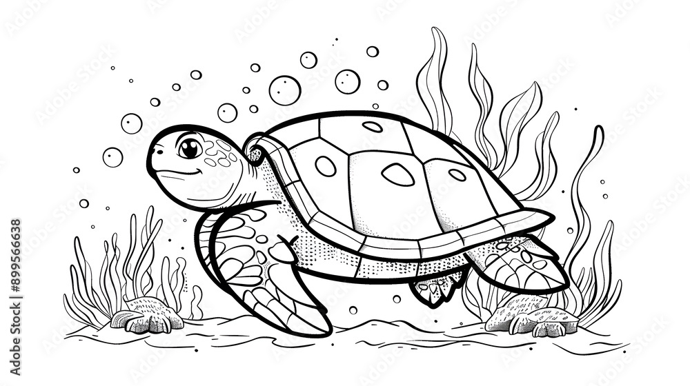 Cute line drawing of a sea turtle gliding through an underwater ...