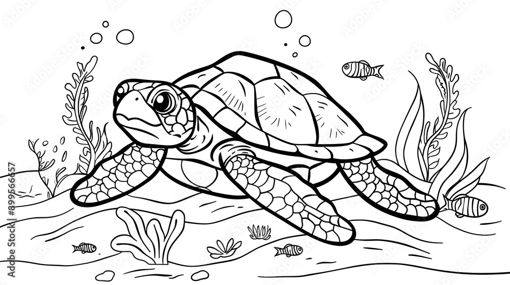 Detailed line drawing of a sea turtle exploring its underwater habitat ...