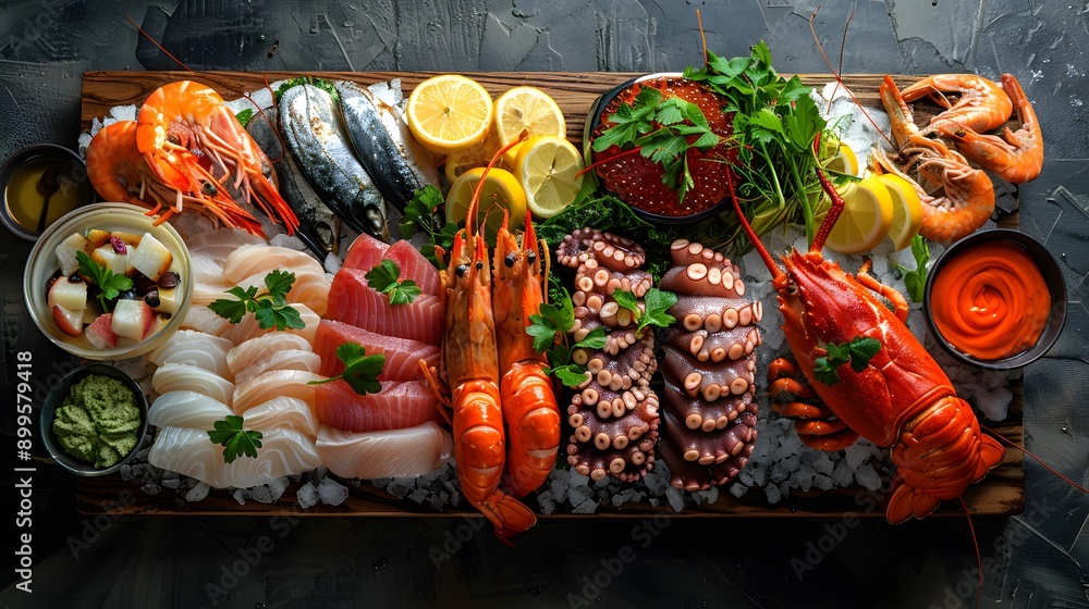 Luxurious seafood platter, diverse seafood selection, king crab legs ...