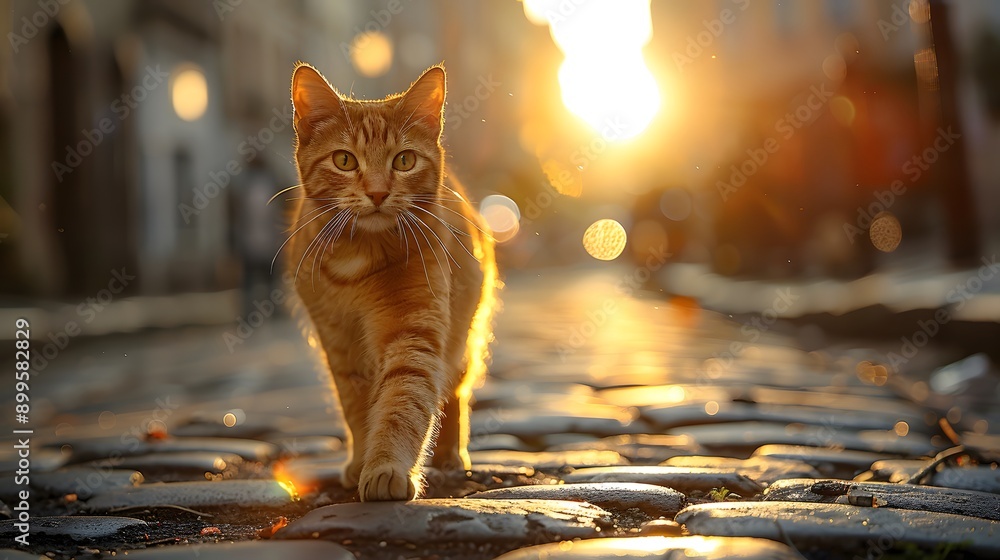 Tabby cat walking on cobblestone bridge, city skyline background ...