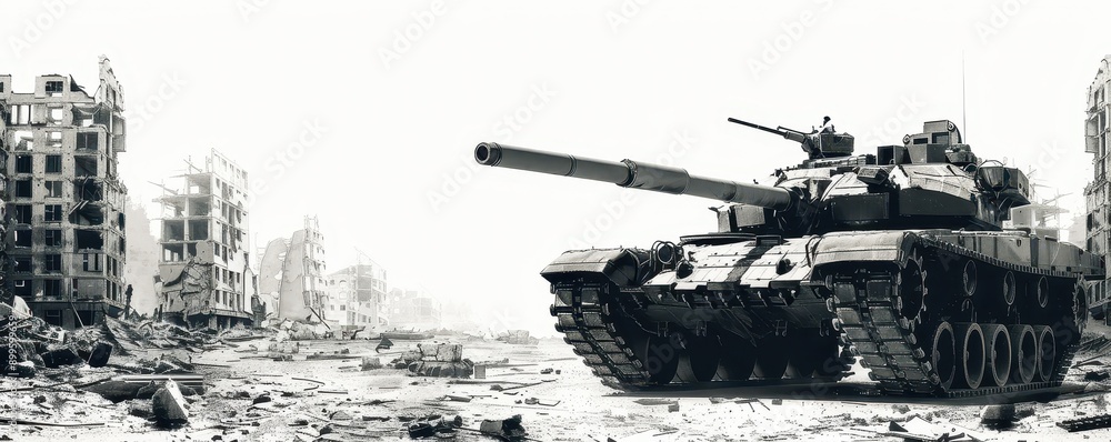 Armored tank navigating through a war-torn city with ruins and ...