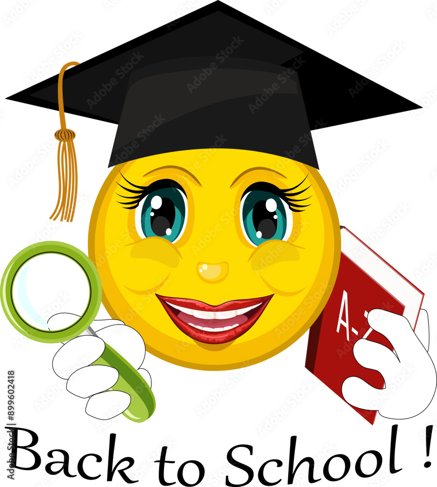 Vector emoticon for school.Joyful emotion with a book on a transparent ...