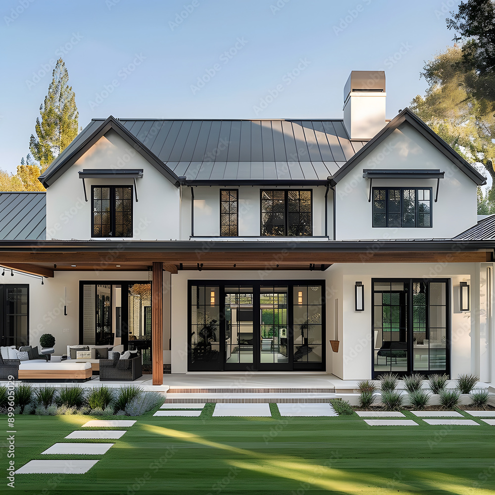 Modern Farmhouse Exterior with Black Windows, Steel Roof, and Open ...