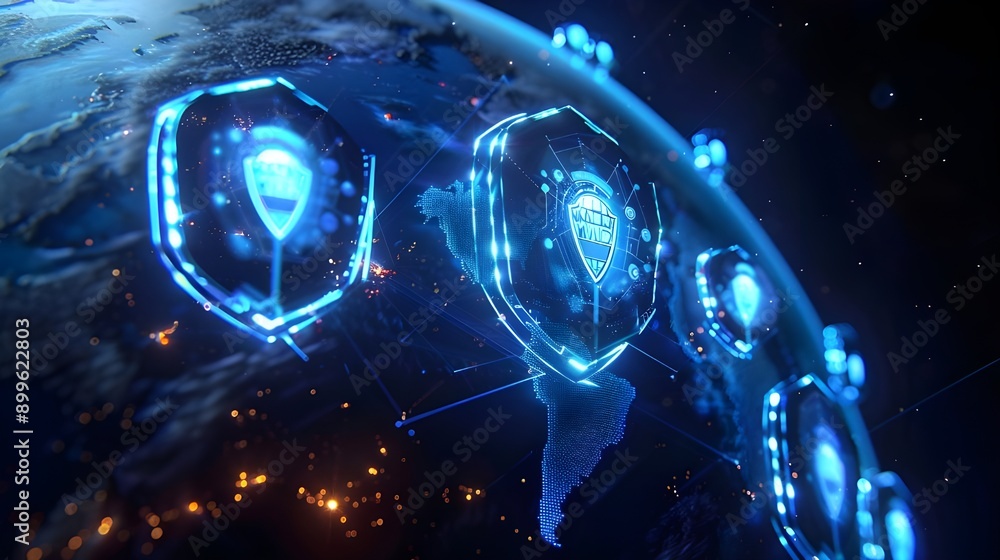 Futuristic blue digital shields and data nodes surrounding Earth, representing advanced ...