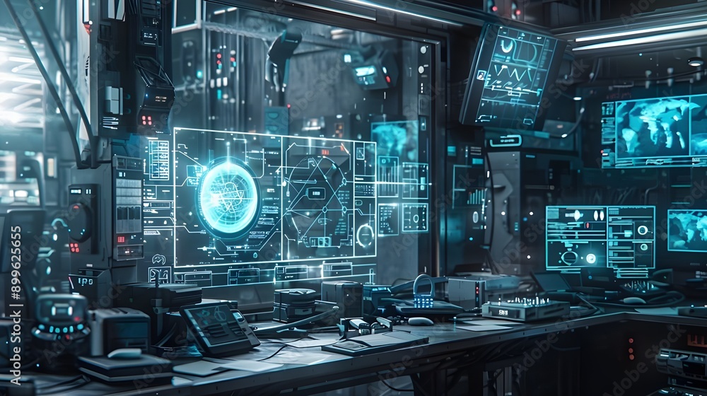 Inside a modern control room with a person monitoring multiple high-resolution screens ...