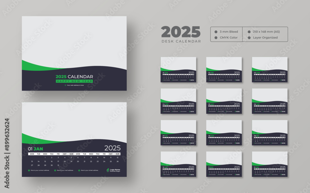 2025 Desk or table calendar template, 2025 Corporate office desk calendar schedule, Week starts ...