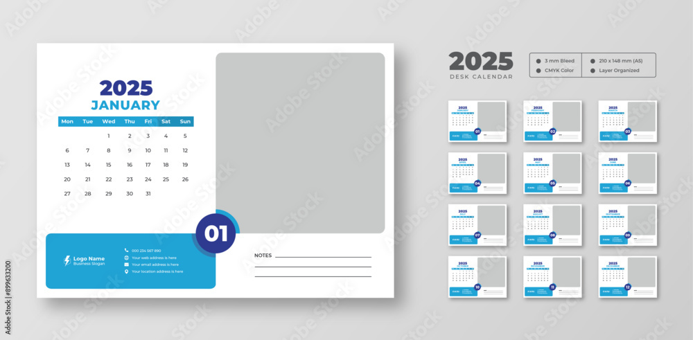 2025 Desk or table calendar template, 2025 Corporate office desk calendar schedule, Week starts ...