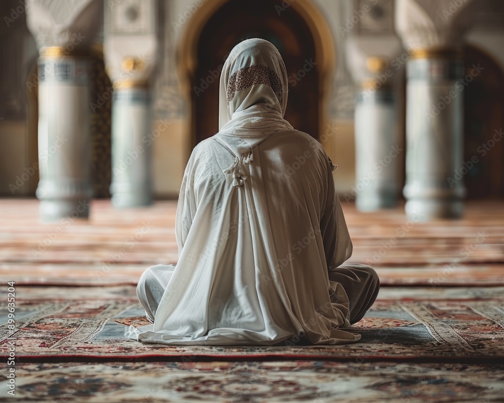Tranquil Muslim man praying on prayer mat facing Mecca, embodying ...