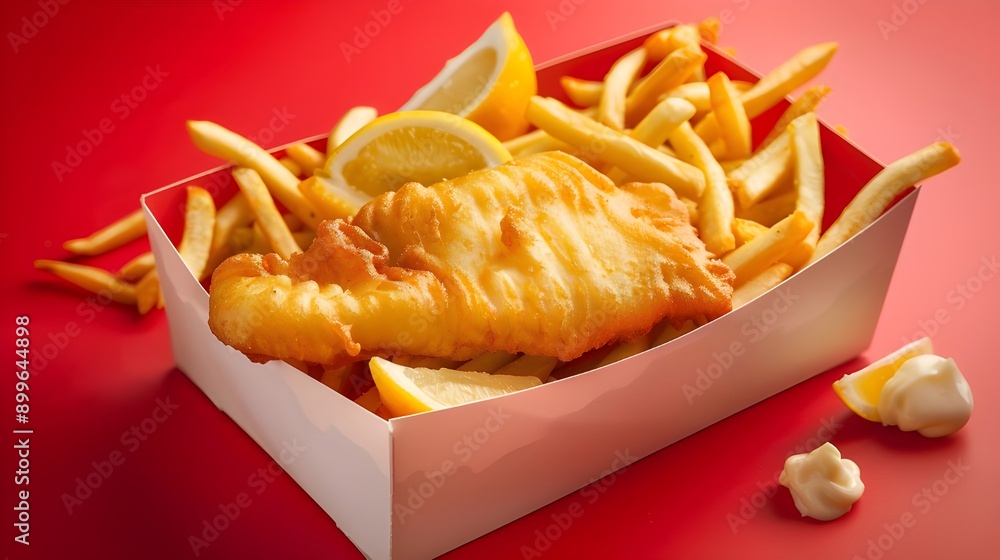 A serving of traditional fish and chips with lemon wedges in a white ...