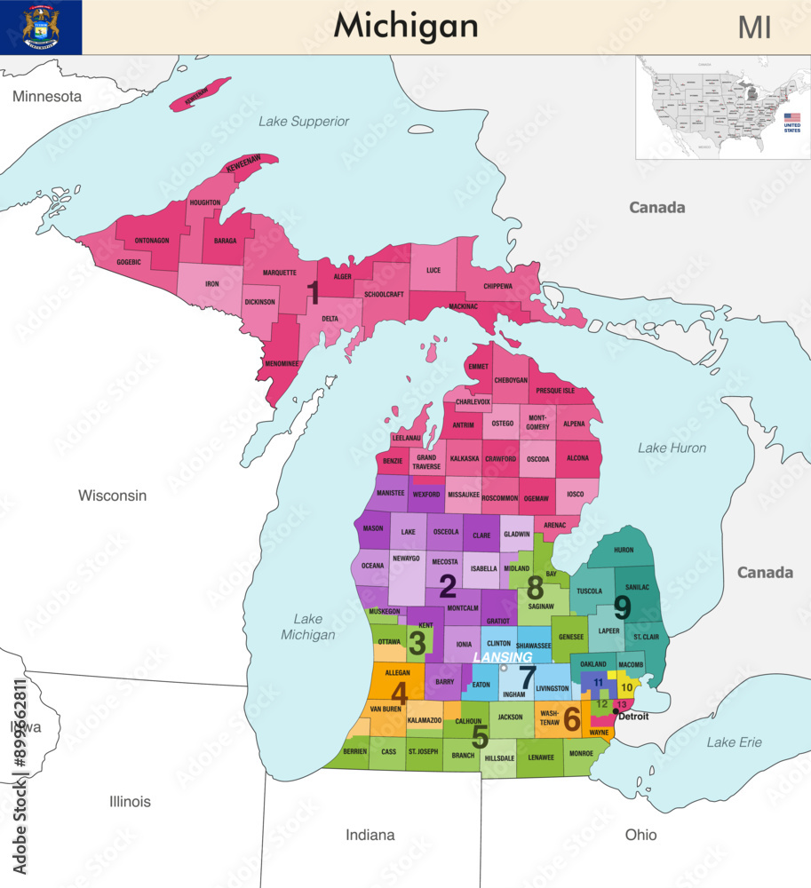 Michigan state map with counties borders and colored congressional ...