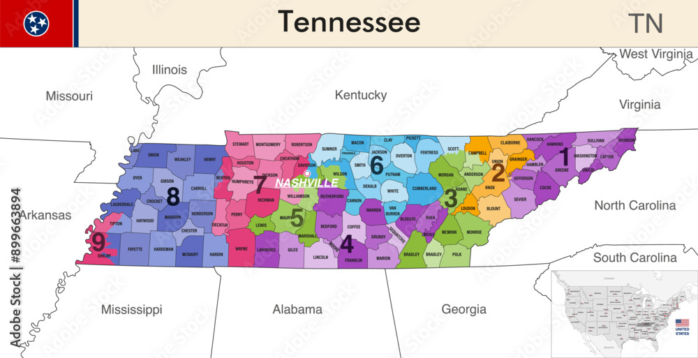 Stock-Vektorgrafik „Tennessee state map with counties borders and ...
