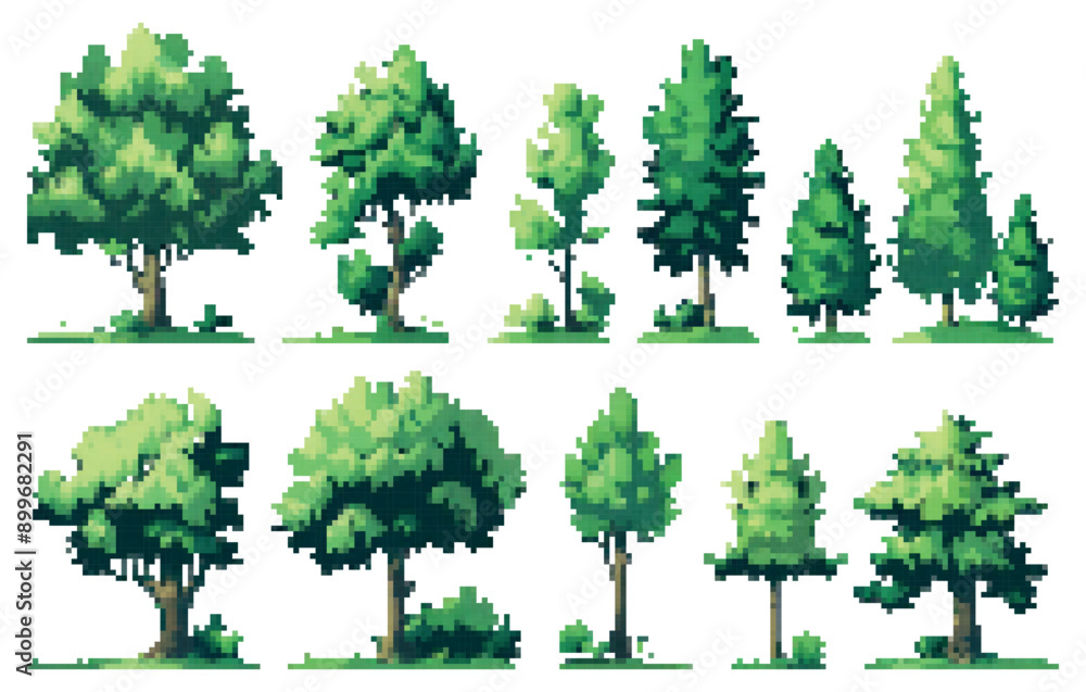 Pixel trees forest set. Retro 8 bit video game UI elements, trees sprite asset, background ...