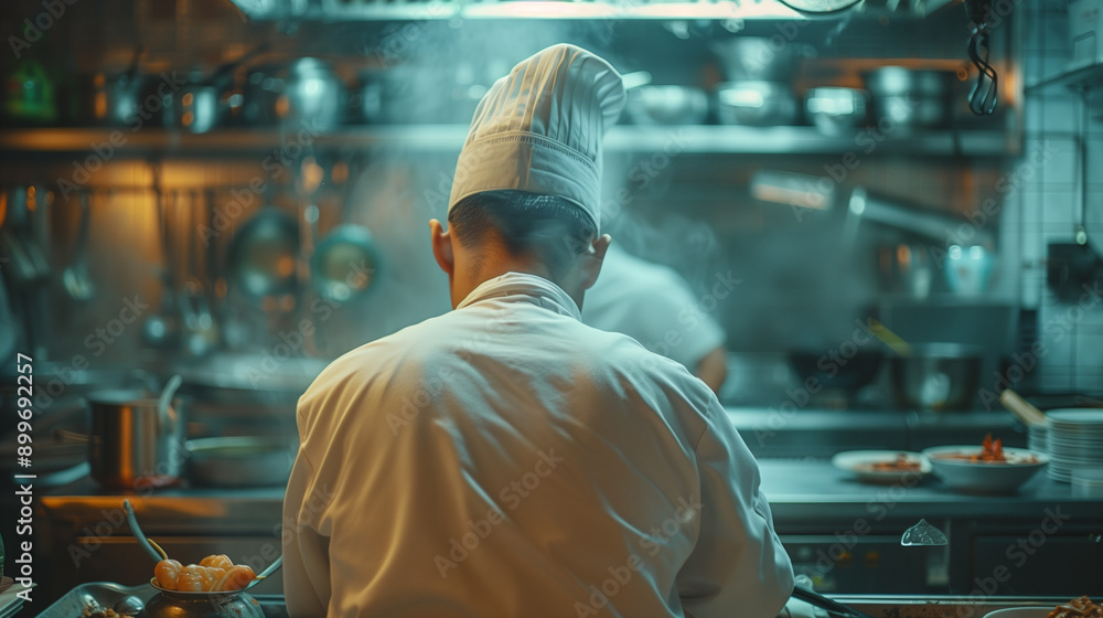 stressed-chef-preparing-dishes-from-behind-with-chef-hat-and-uniform ...