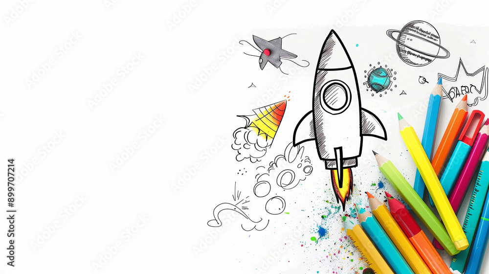 Innovative flat lay design featuring school supplies and a rocket ...