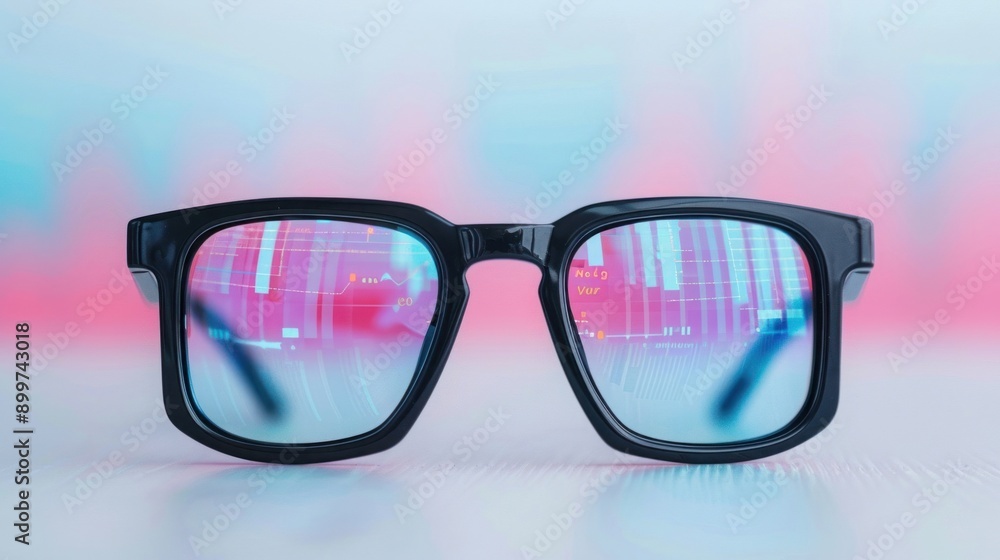 Stylish black eyeglasses with light reflections on the lenses, showing ...