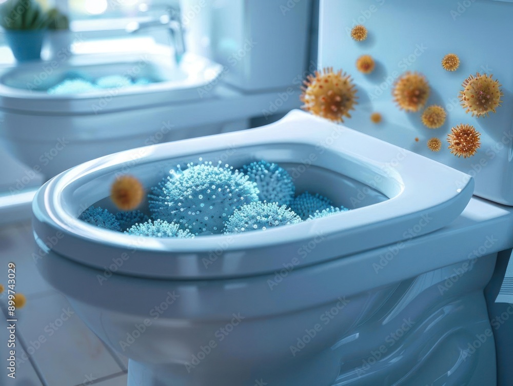 Toilet with visualized bacteria and germs concept, showcasing ...