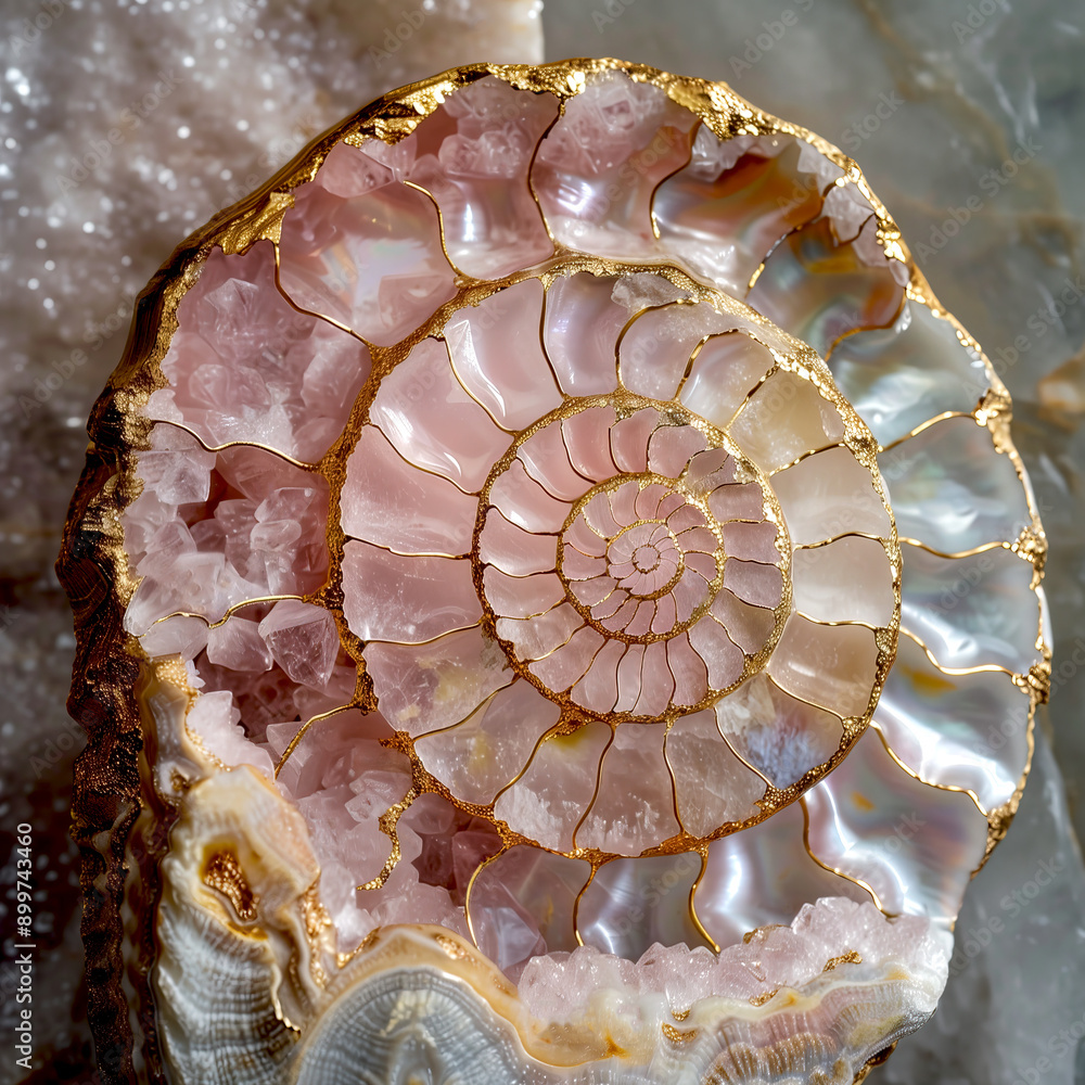 Cross section of seashell fossil. Mother of pearl with gold veins ...