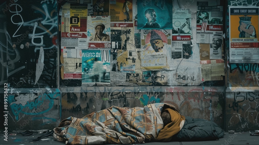 Urban scene of a homeless man under a blanket, with faded political ...