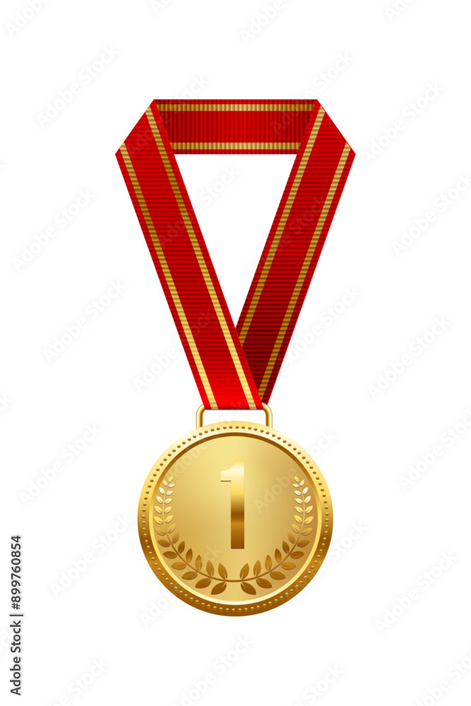 Gold medal with number place first and red ribbon vector illustration ...