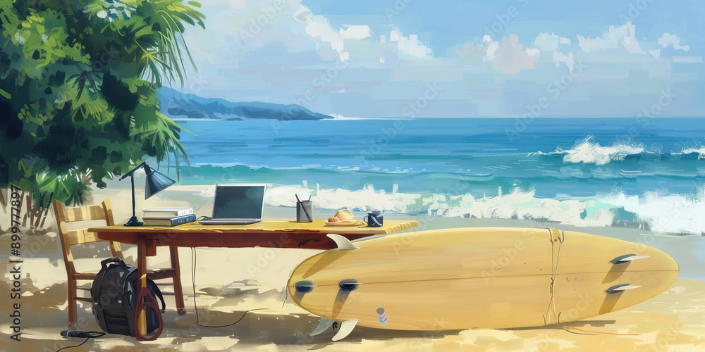 Surf and Turf Desk: A surfboard-shaped desk on the beach, displaying a ...