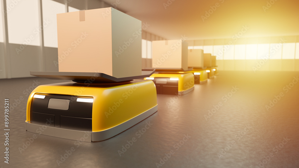 Warehouse robots with boxes. Automated guided vehicles. Autonomous ...