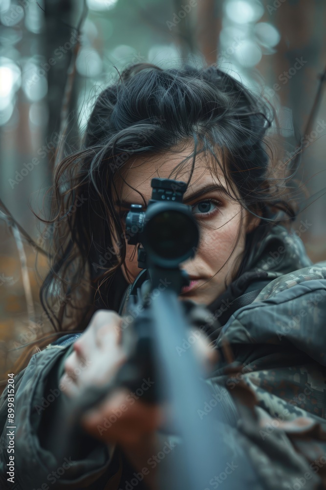 Black hair girl hunter with an aimed rifle in the forest hunting for a ...