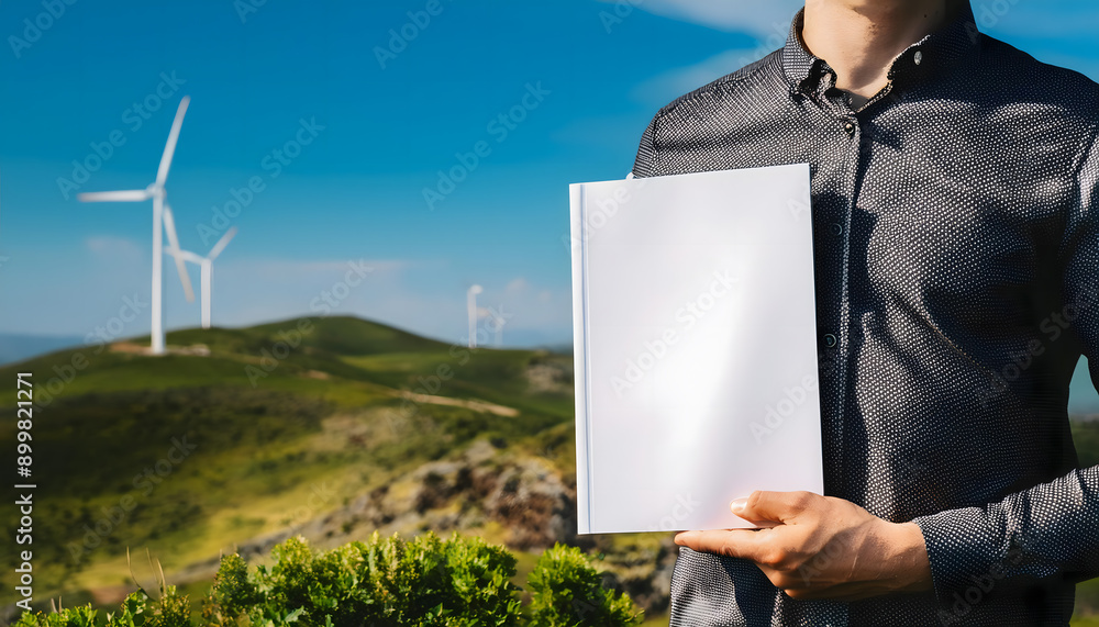 Man holding a white magazine cover as a mock-up. Wind turbines on the ...
