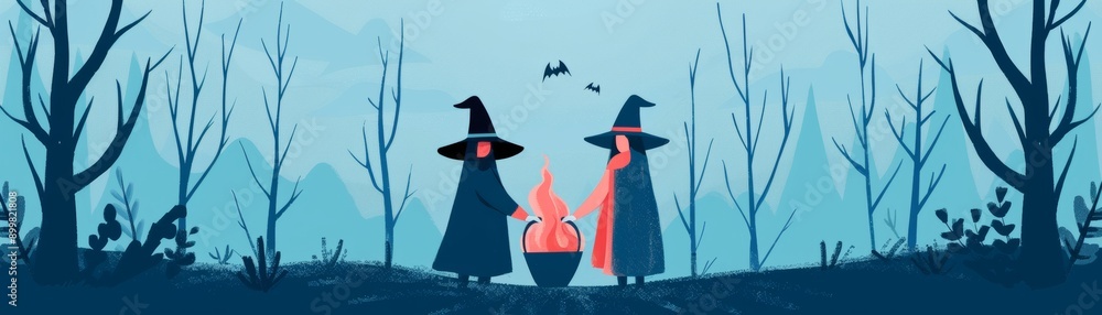 Illustration of two witches in a forest performing a ritual around a ...