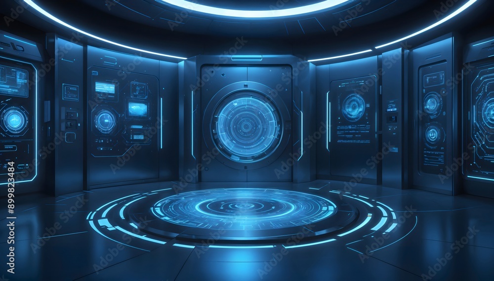 Futuristic spaceship interior with blue lighting, digital interface and ...