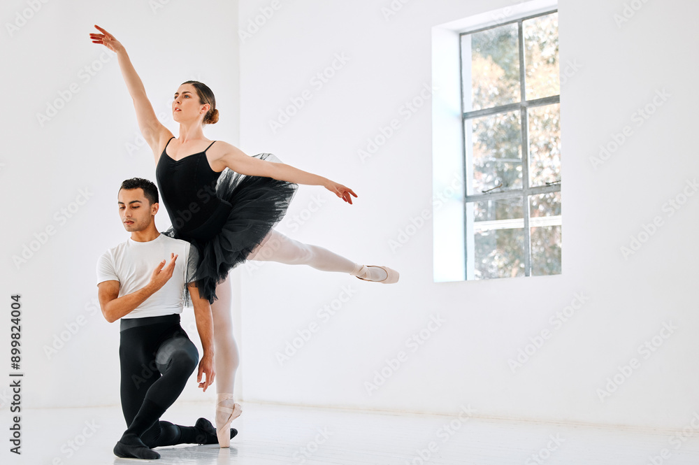 Ballet, dance partner and exercise with practice for performance art ...