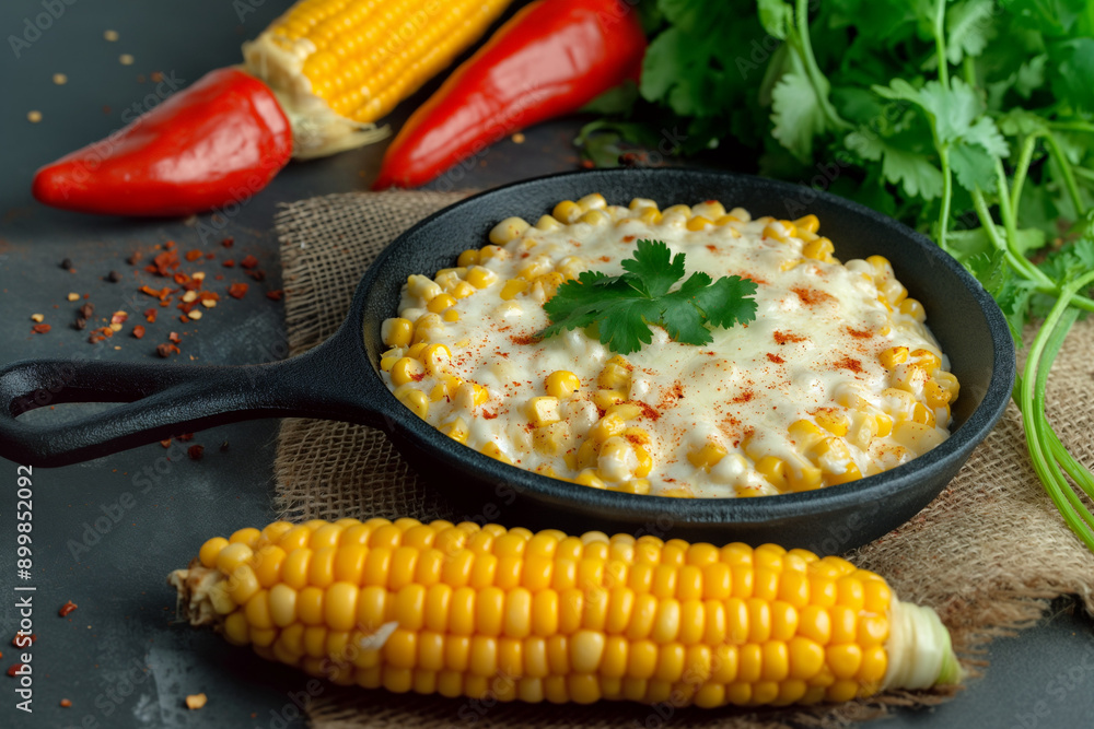 A cast iron skillet filled with Korean corn cheese sizzles, melty ...