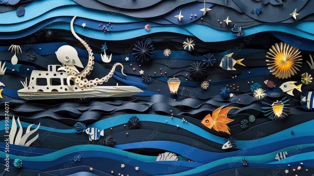 A deep-sea exploration scene with a paper cut submarine observing ...