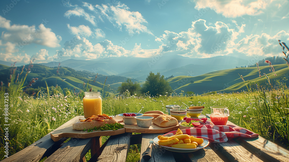 A summer picnic in the bosom of nature, where a wooden table laden with ...